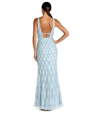 Mac Duggal Sequined Plunge Neck Sleeveless Gown - Ice Blue