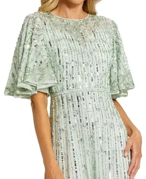 Mac Duggal Sequined Flounce Sleeve Midi Dress - Sage