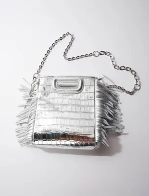 Maje Embossed Leather M Bag With Chain - Silver