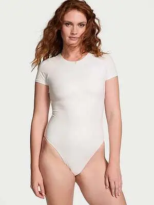 Victoria's Secret Bodywear Victoria With Feathersoft™ Innovation Short-sleeve Bodysuit - White,ivory