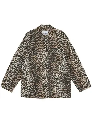 GANNI Leopard Print Canvas Shirt Jacket - Brown