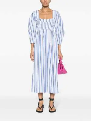 GANNI Striped Poplin Midi Dress - Blue