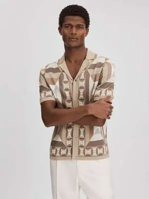 REISS Beresford Knitted Cuban Collar Shirt - Camel Multi