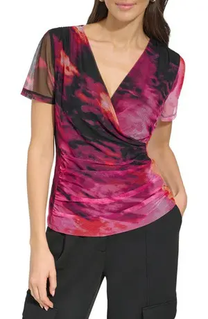 Dkny Print Ruched Mesh Top - Shocking Pink Multi