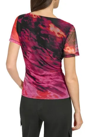 Dkny Print Ruched Mesh Top