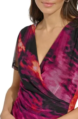 Dkny Print Ruched Mesh Top