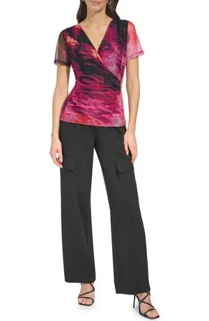Dkny Print Ruched Mesh Top