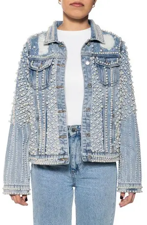 AZALEA WANG Imitation Pearl Denim Trucker Jacket