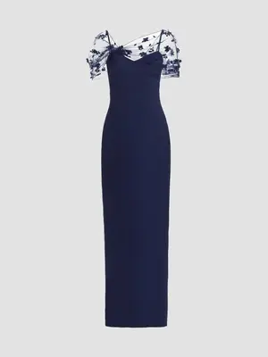 Theia Sophia Beaded Shawl Gown - Navy