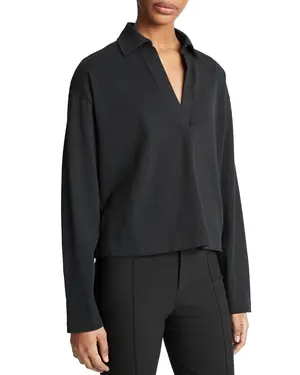 Vince Cotton Long Sleeve V-neck Top - Black