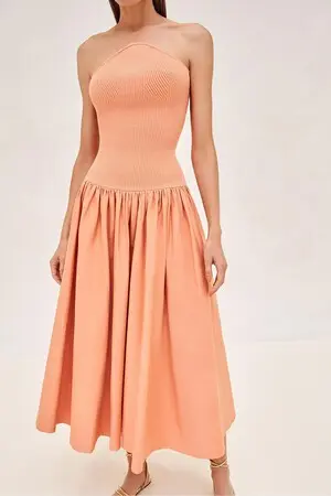 Alexis Kamali Strapless Ribbed Bodice Dress - Red / Orange