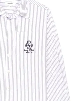 SPORTY & RICH Crown-embroidered Striped Cotton Shirt - White