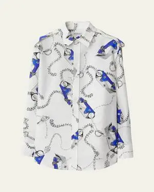 Burberry Chain Print Collared Button-Front Shirt - Blue/white