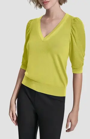 Dkny Puff Sleeve V-neck Sweater - Limeade