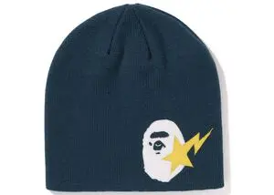 A BATHING APE Sta Ape Head Leather Patched Knit Beanie - Navy Blue