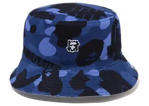 A BATHING APE X Undefeated Camo Flannel Bucket Hat - Navy Blue
