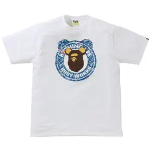 A BATHING APE X Bearbrick Camo Bear Busy Works Tee Shirt White Blue