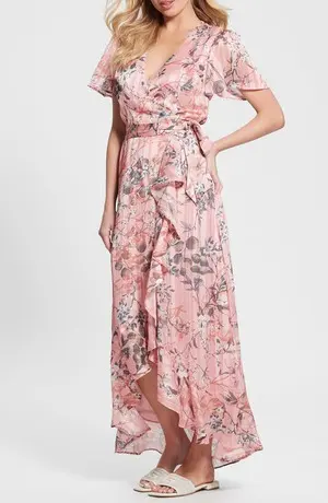Guess New Juna Metallic Floral Print Wrap Dress