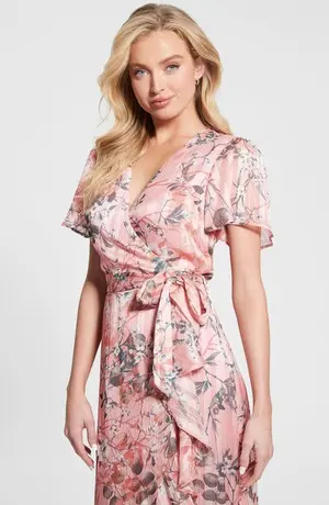 Guess New Juna Metallic Floral Print Wrap Dress