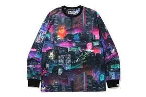 A BATHING APE Neon Tokyo Long Sleeve Tee Shirt - Black