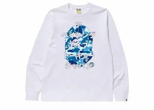 A BATHING APE Abc Camo Japanese Letters Long Sleeve Tee Shirt - White/blue