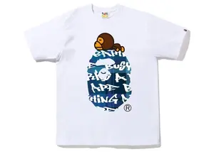 A BATHING APE Graffiti Check Milo On Big Ape Tee Shirt - White Blue