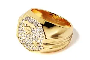 A BATHING APE Rhinestone Ape Head Ring - Gold
