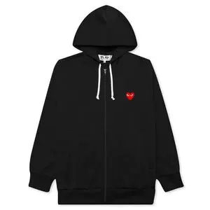 Play Comme Des Garcon Red Heart Zip Up Hoodie - Black (white Drawstring)