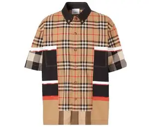 Burberry Shortsleeve Patchwork Check Cotton Shirt