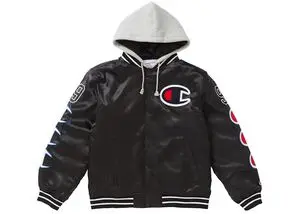 Supreme X Champion Hooded Varsity Jacket - Black