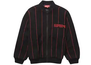 Supreme Pinstripe Varsity Zip Up Sweater - Black
