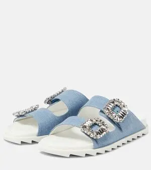 ROGER VIVIER Slidy Viv' Embellished Denim Sandals - Blue