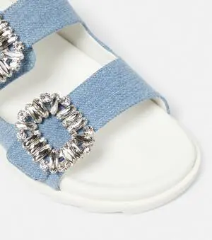 ROGER VIVIER Slidy Viv' Embellished Denim Sandals - Blue