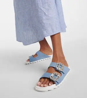 ROGER VIVIER Slidy Viv' Embellished Denim Sandals - Blue