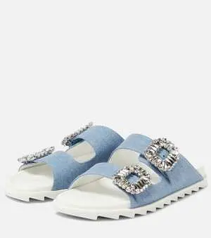 ROGER VIVIER Slidy Viv' Embellished Denim Sandals - Blue