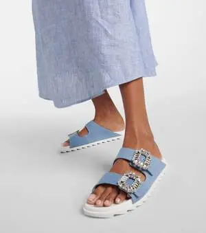 ROGER VIVIER Slidy Viv' Embellished Denim Sandals - Blue