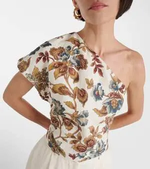 SIR. Eleanora Floral One-shoulder Linen Crop Top - Multicoloured