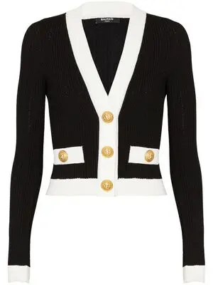 Balmain Contrast-border Ribbed Knit Cardigan - Black