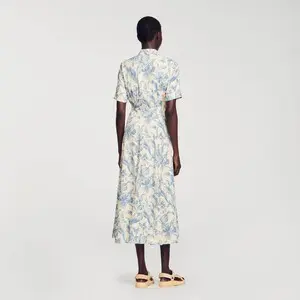 knee length dresses for ladies Sandro // Navy & Multicolour Floral Belted Dress – VSP Consignment main image 1