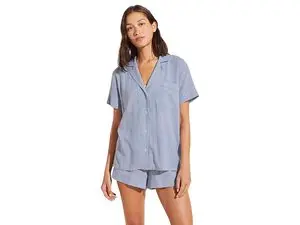 Eberjey Nautico Shortie Pj Set Women's Pajama Sets Classic Stripe Slate Blue/ivory Gray