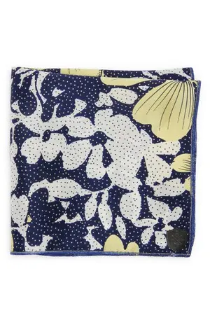 CLIFTON WILSON Floral Silk Pocket Square - Navy