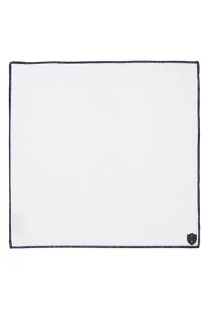 CLIFTON WILSON White Cotton Herringbone Pocket Square With Navy Trim - White/navy