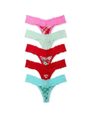Pink 5-pack Wink™ Lace-trim Thong Panties - Print