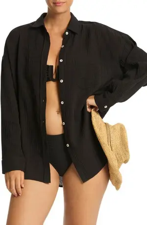 SEA LEVEL Sunset Beach Oversize Cotton Cover-up Shirt - Black