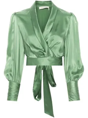 Zimmermann Silk Cropped Wrap Top - Green