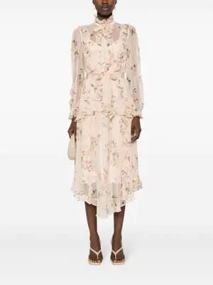Zimmermann Natura Ruffled Floral Print Silk Midi Dress
