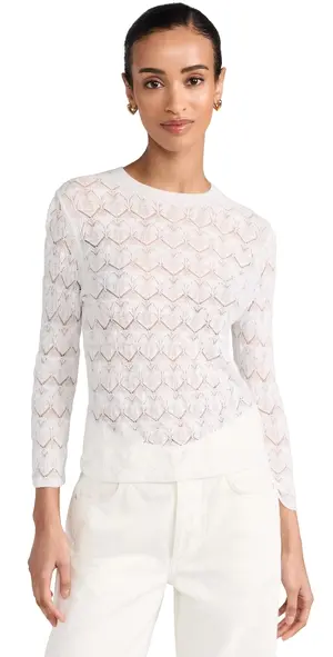 Vince Fine Lace 3/4 Sleeve Crew Neck Top - Optic White