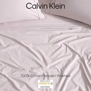 Calvin Klein Solid Washed Percale Cotton 4 Piece Sheet Set - Petal Pink