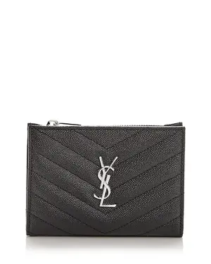 Saint Laurent Cassandre Matelasse Fragments Zipped Bi-fold Wallet - Black Grain Leather/silver