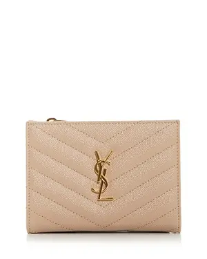 Saint Laurent Cassandre Matelasse Fragments Zipped Bi-fold Wallet - Dark Beige Grain Leather/gold